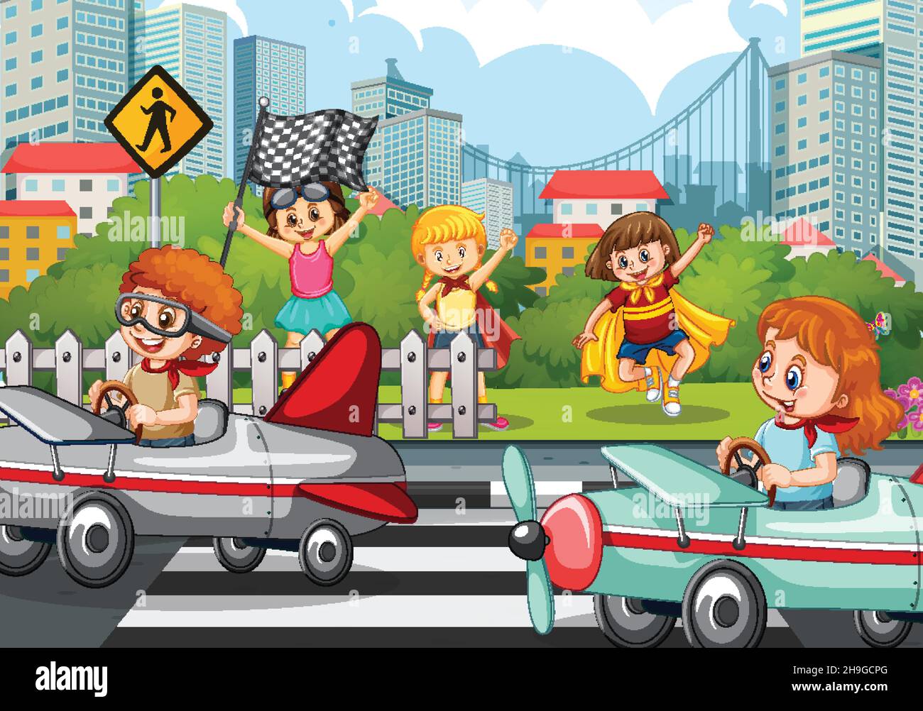 Outdoor scene with children racing car illustration Stock Vector Image ...