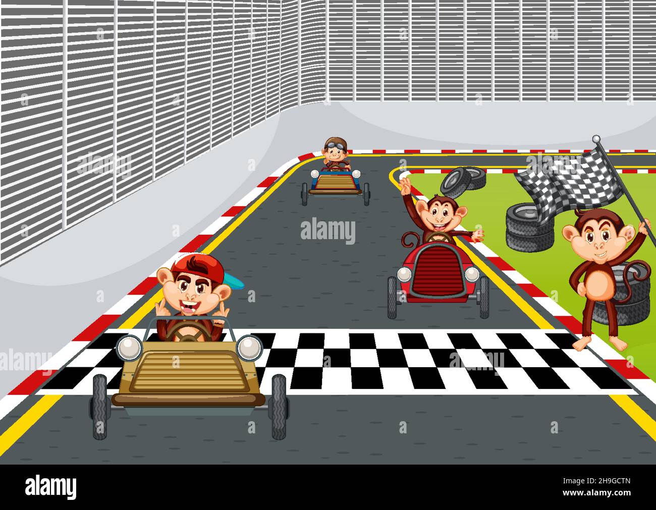 Race track scene with monkey racing drivers illustration Stock Vector ...
