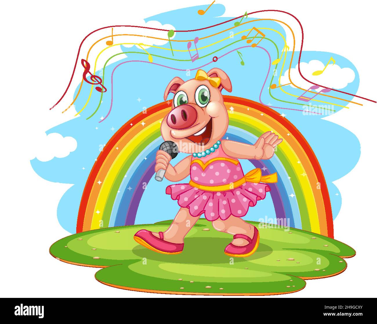 Pig singing cartoon character with rainbow background illustration ...