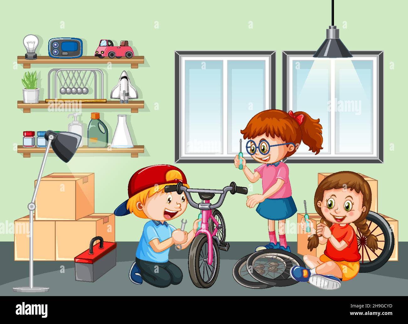 Children fixing a bicycle together in the room scene illustration Stock ...