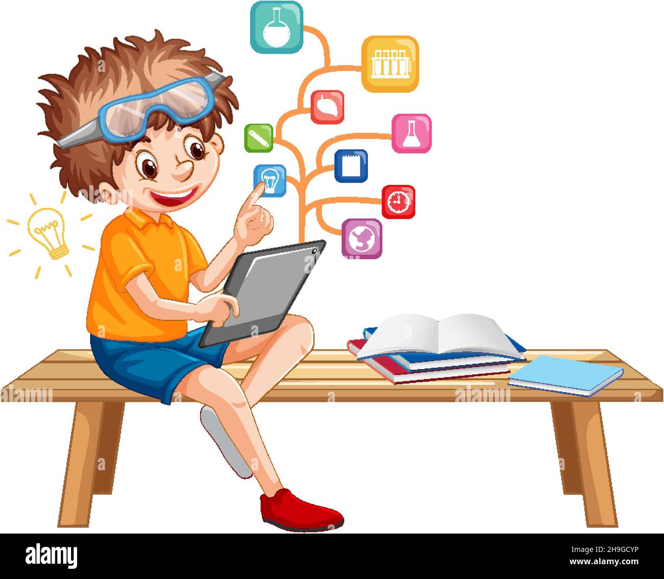 Young boy using tablet with education icons illustration Stock Vector ...