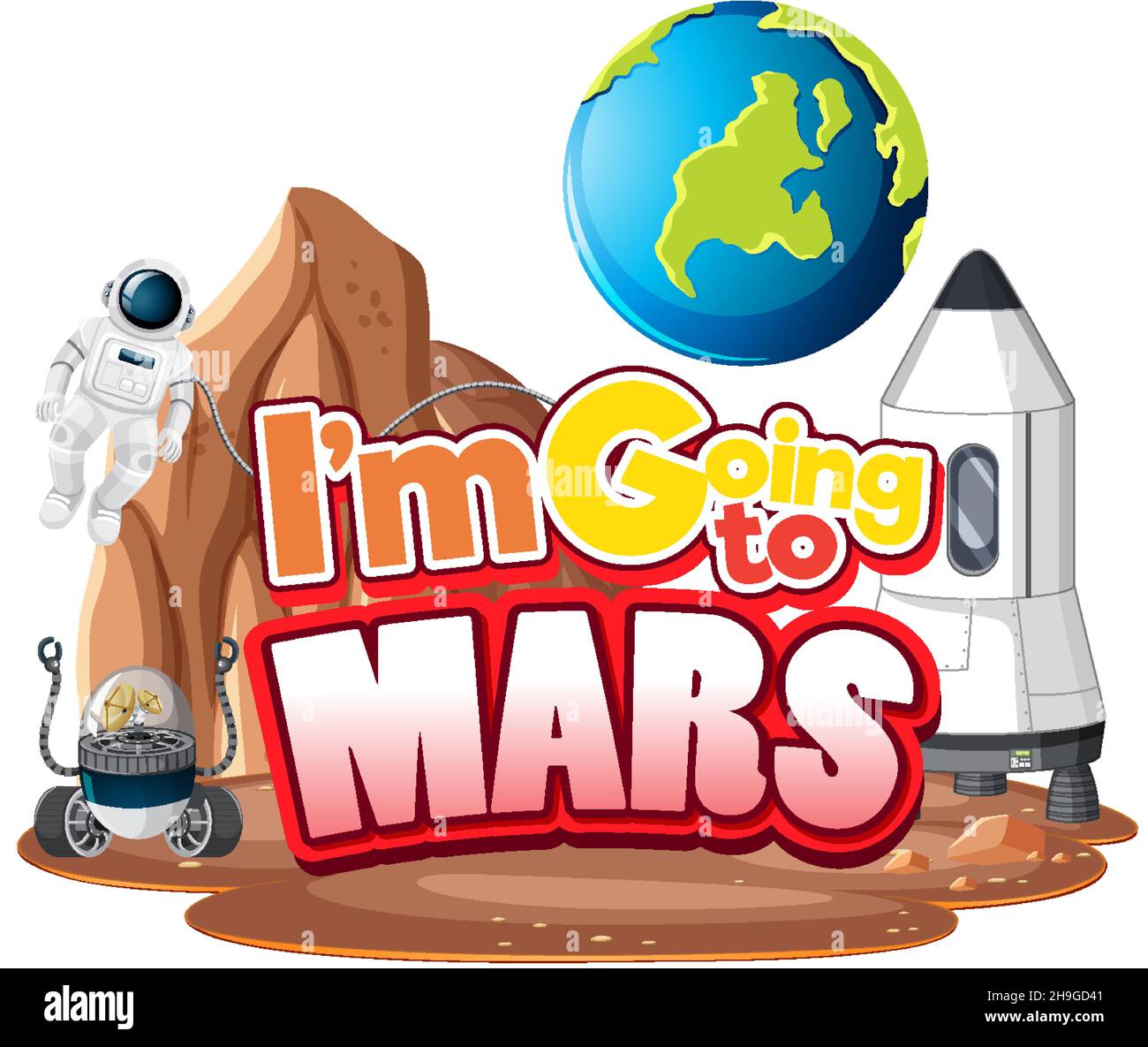 I'm going to Mars word on planet with spaceship illustration Stock ...
