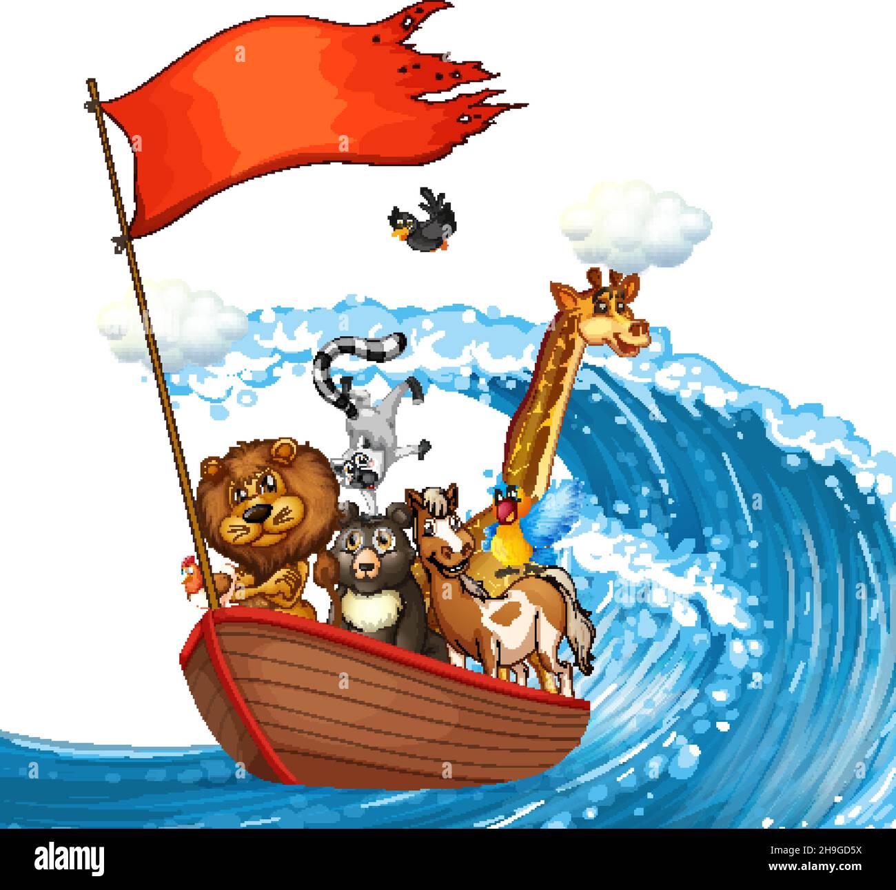 Wild animals on the ship with ocean wave illustration Stock Vector ...