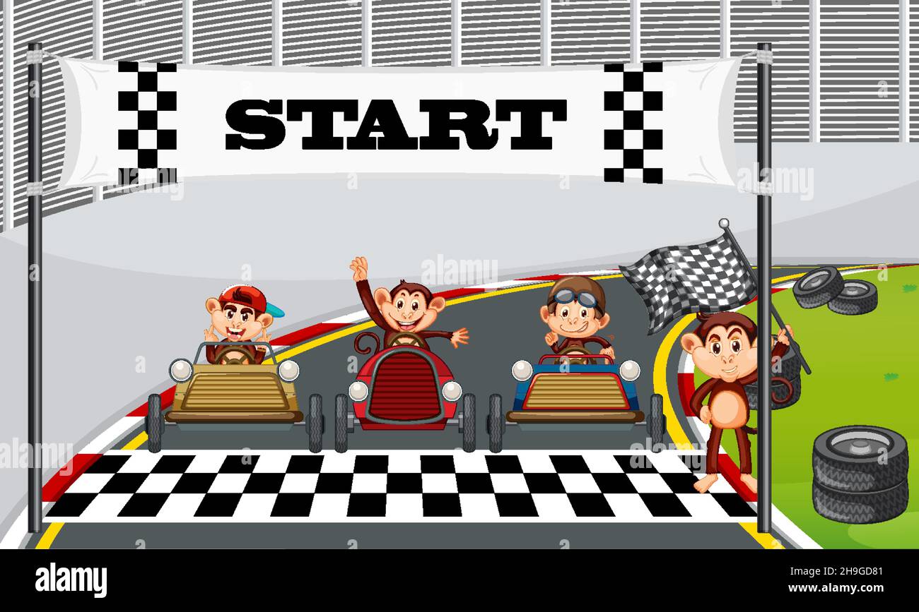 Race track scene with monkey racing drivers illustration Stock Vector ...
