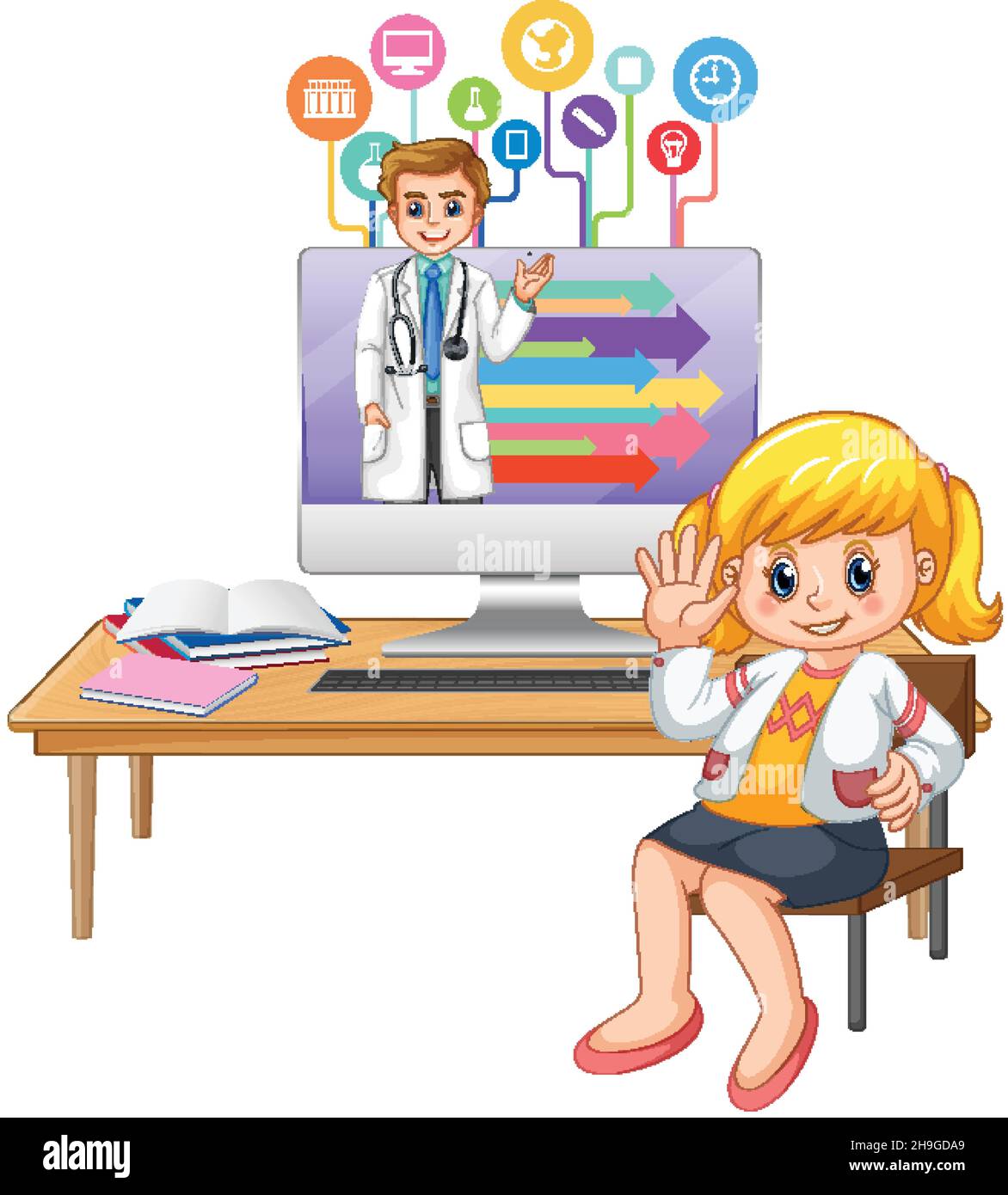Young girl studying in front of computer illustration Stock Vector ...