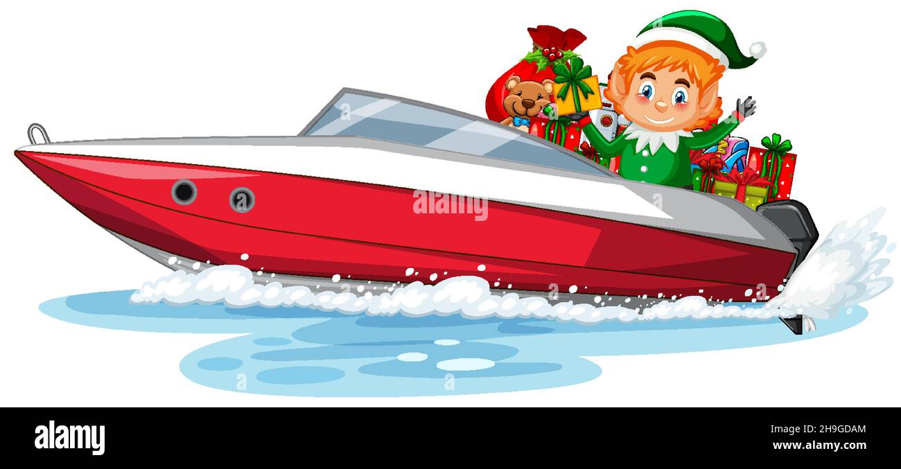 Christmas elf on speed boat with his gifts illustration Stock Vector ...