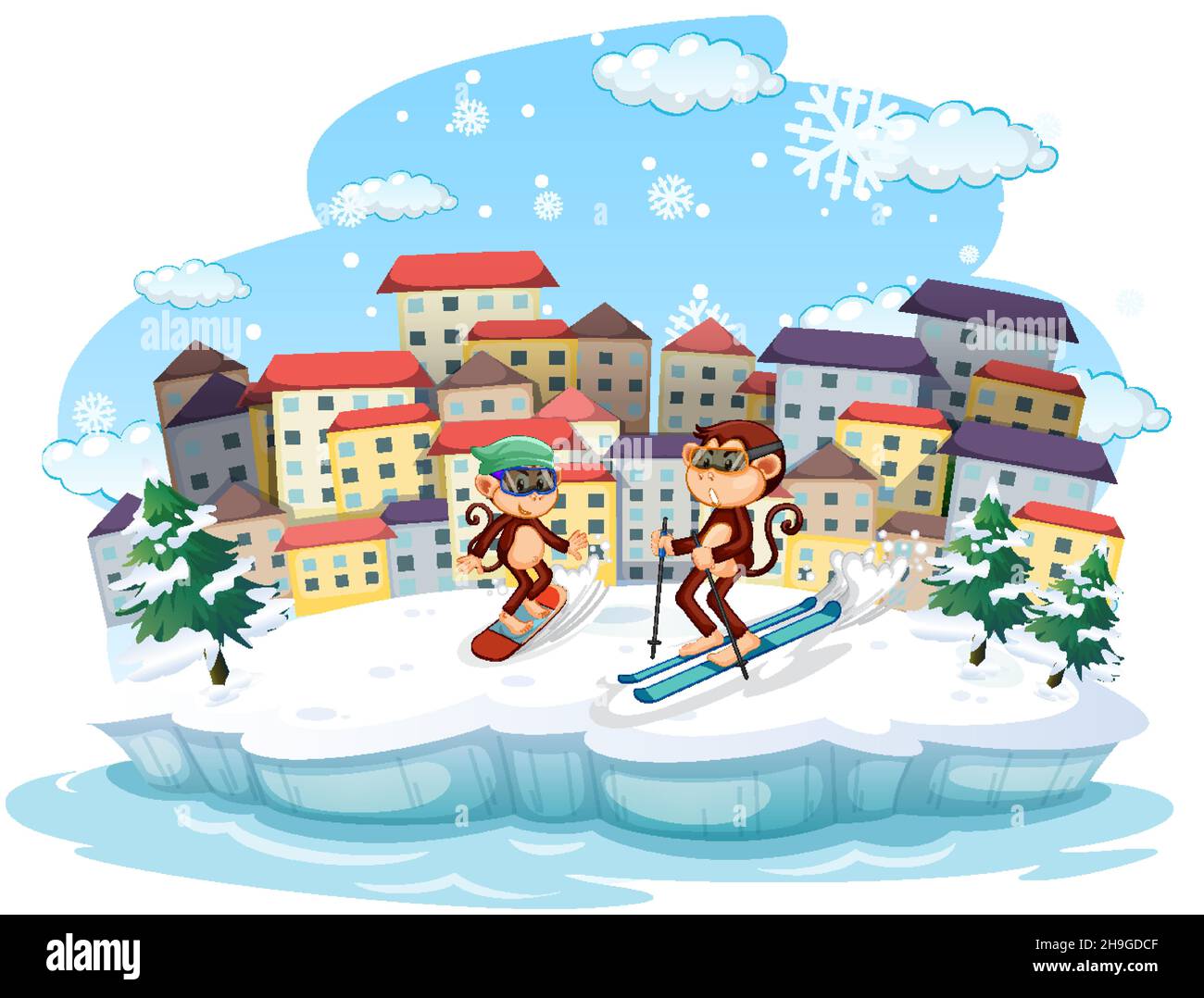 Monkey skiing in the snow at daytime scene illustration Stock Vector ...