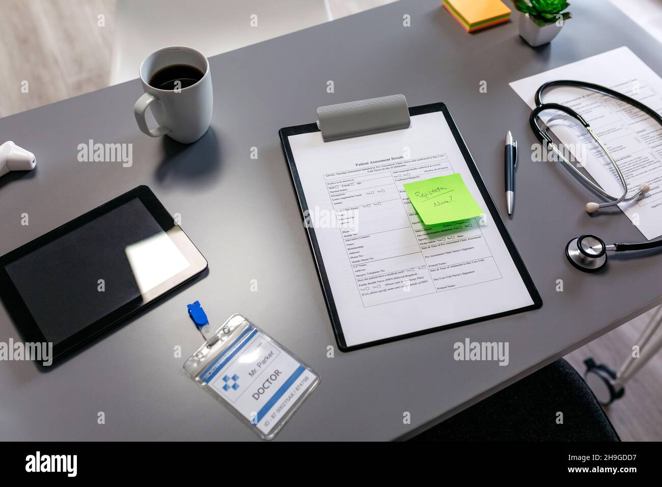 Top view of doctor desk with medical documents and stethoscope Stock ...