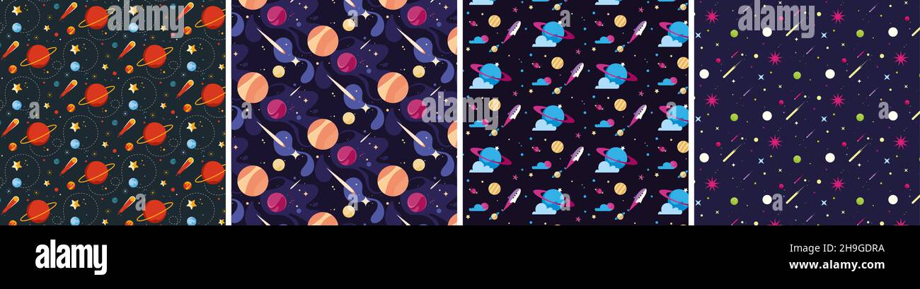 Set of space seamless patterns. Textures with cosmic objects in flat ...