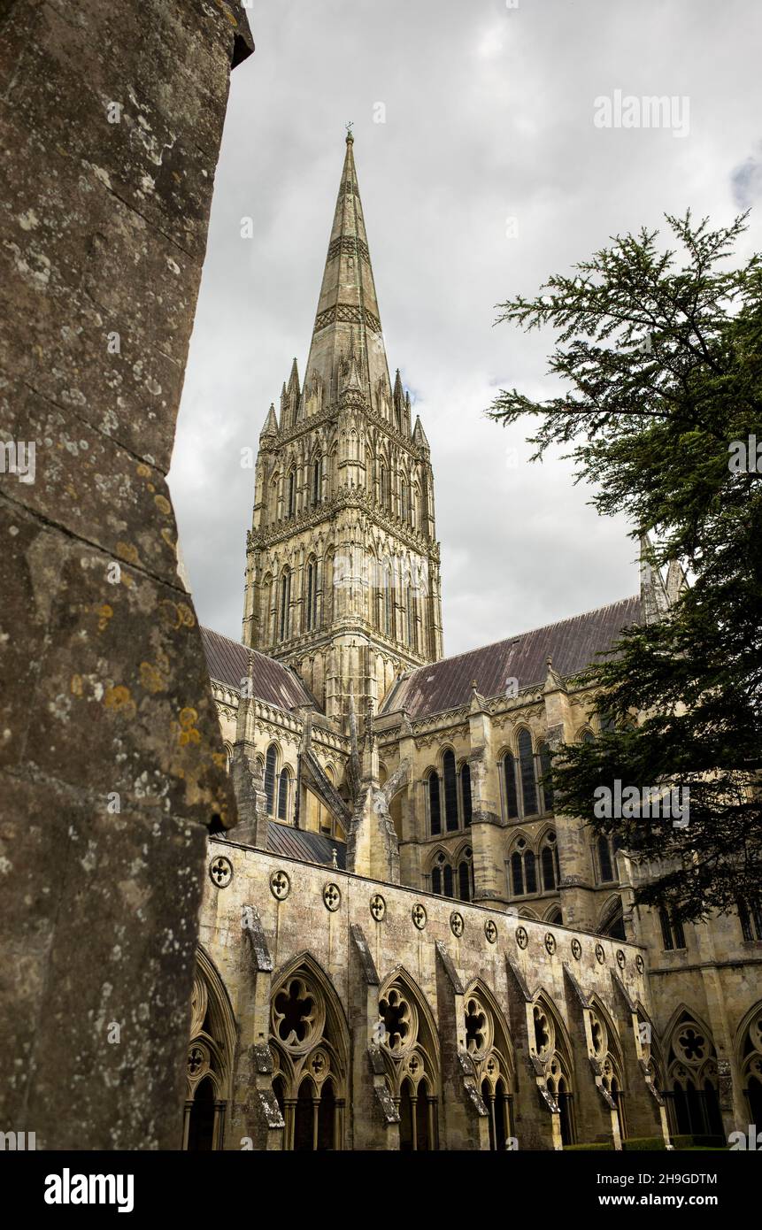 View of tower and spire of Salisbury Cathedral Wiltshire England UK ...
