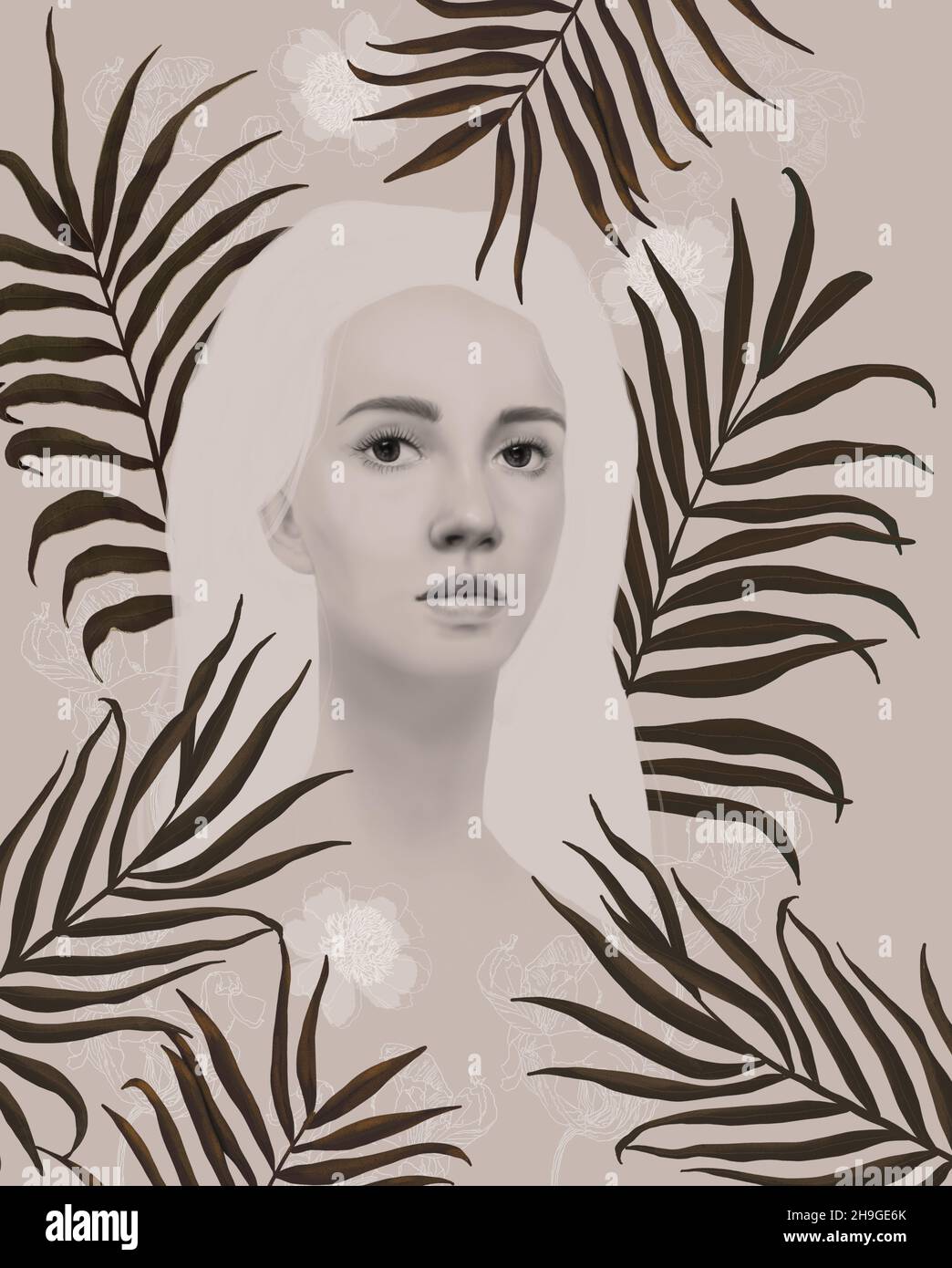 Illustration with a beautiful girl, flowers and tropical leaves. Hand ...