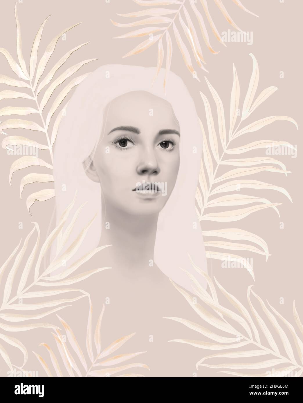 Illustration with a beautiful girl, flowers and tropical leaves. Hand ...