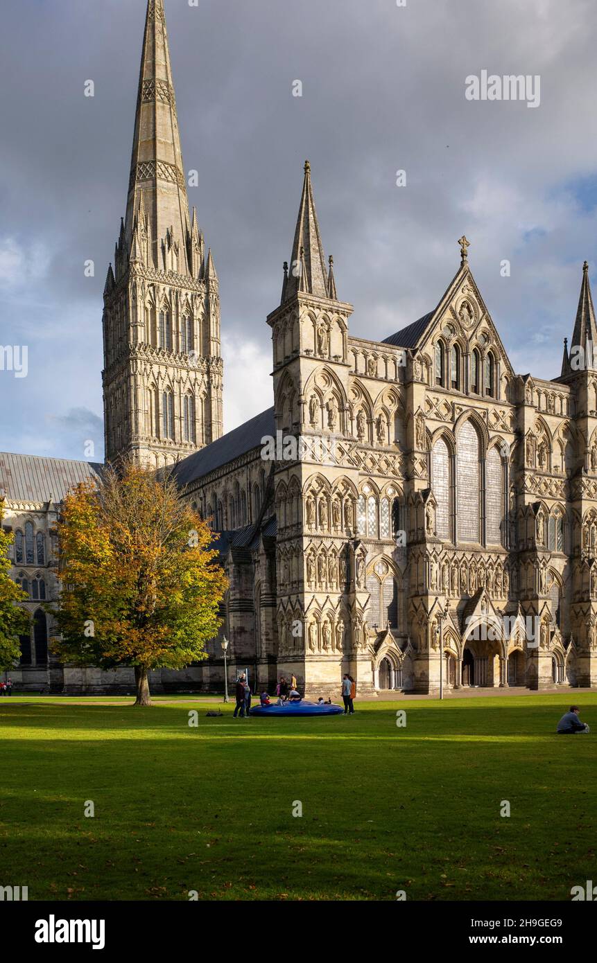 Autumn sunshine on the front of Salisbury Cathedral in Wiltshire ...