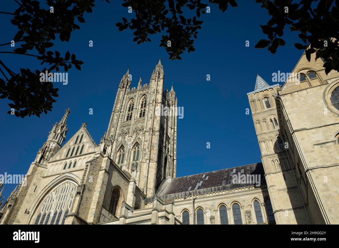 Wide angle view of Bell Harry tower and exterior of Canterbury ...