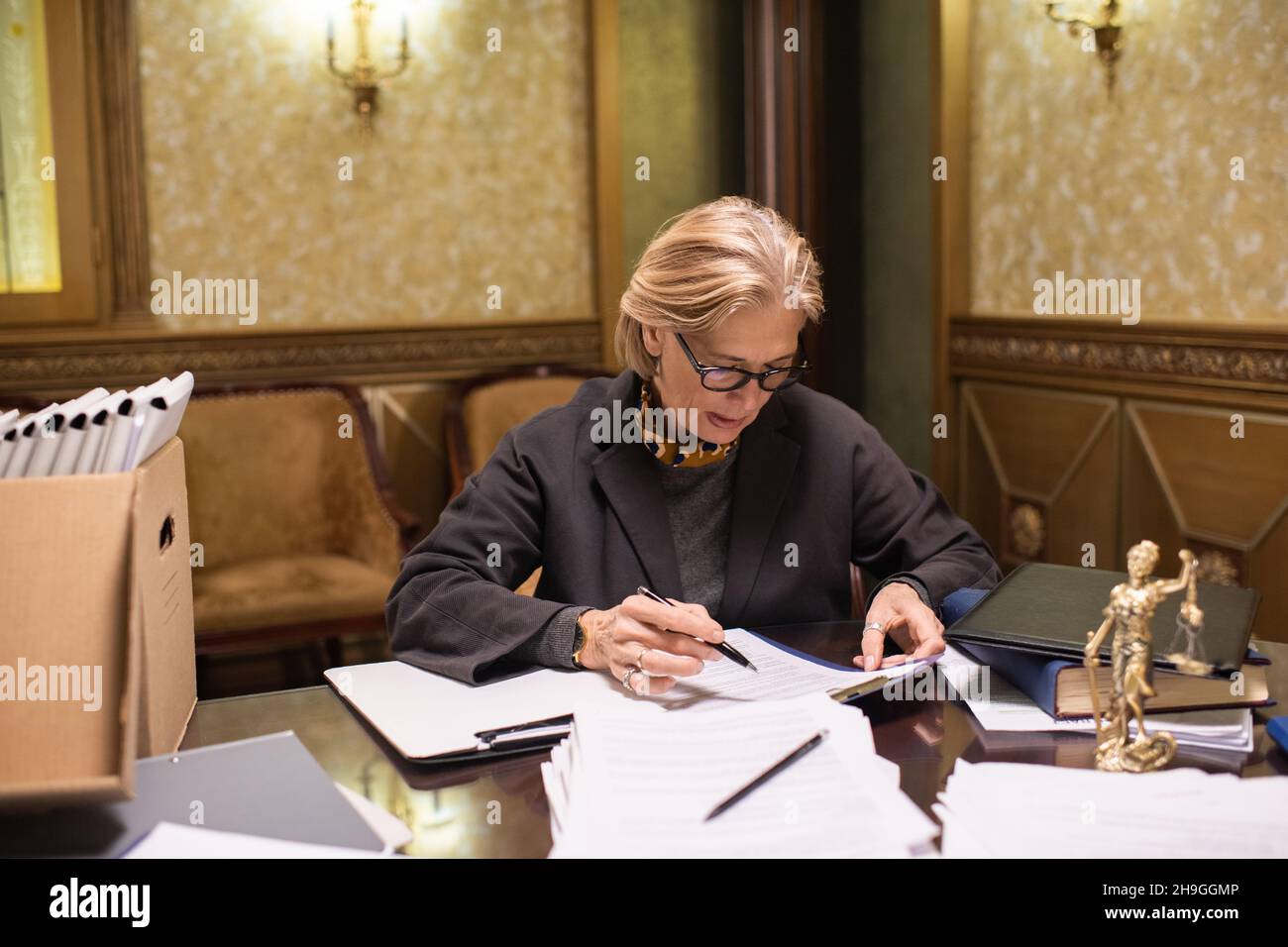 Serious female lawyer looking through papers while checking information ...