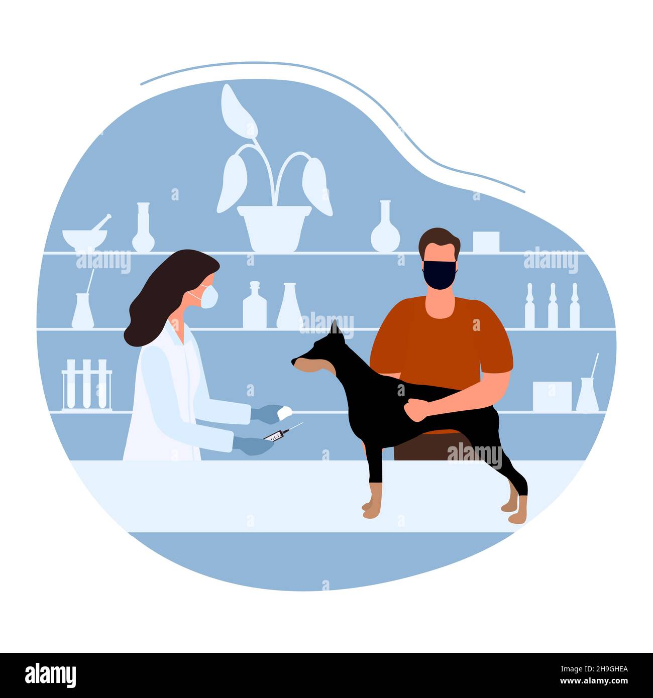Vector illustration Visit to doctor with dog. Veterinary clinic ...