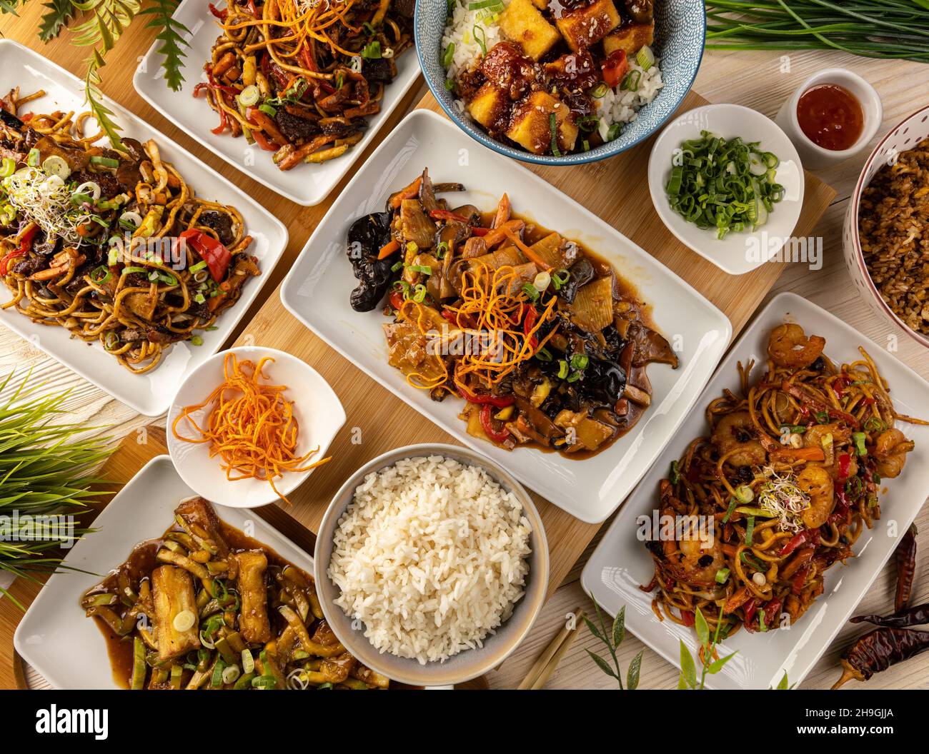Set of Asian dishes on the table. Top view Stock Photo - Alamy