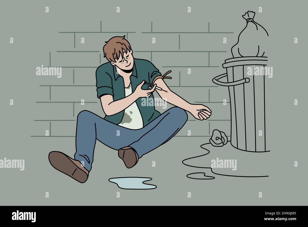 Drug addict and narcomaniac concept. Young man drug addict sitting on ...