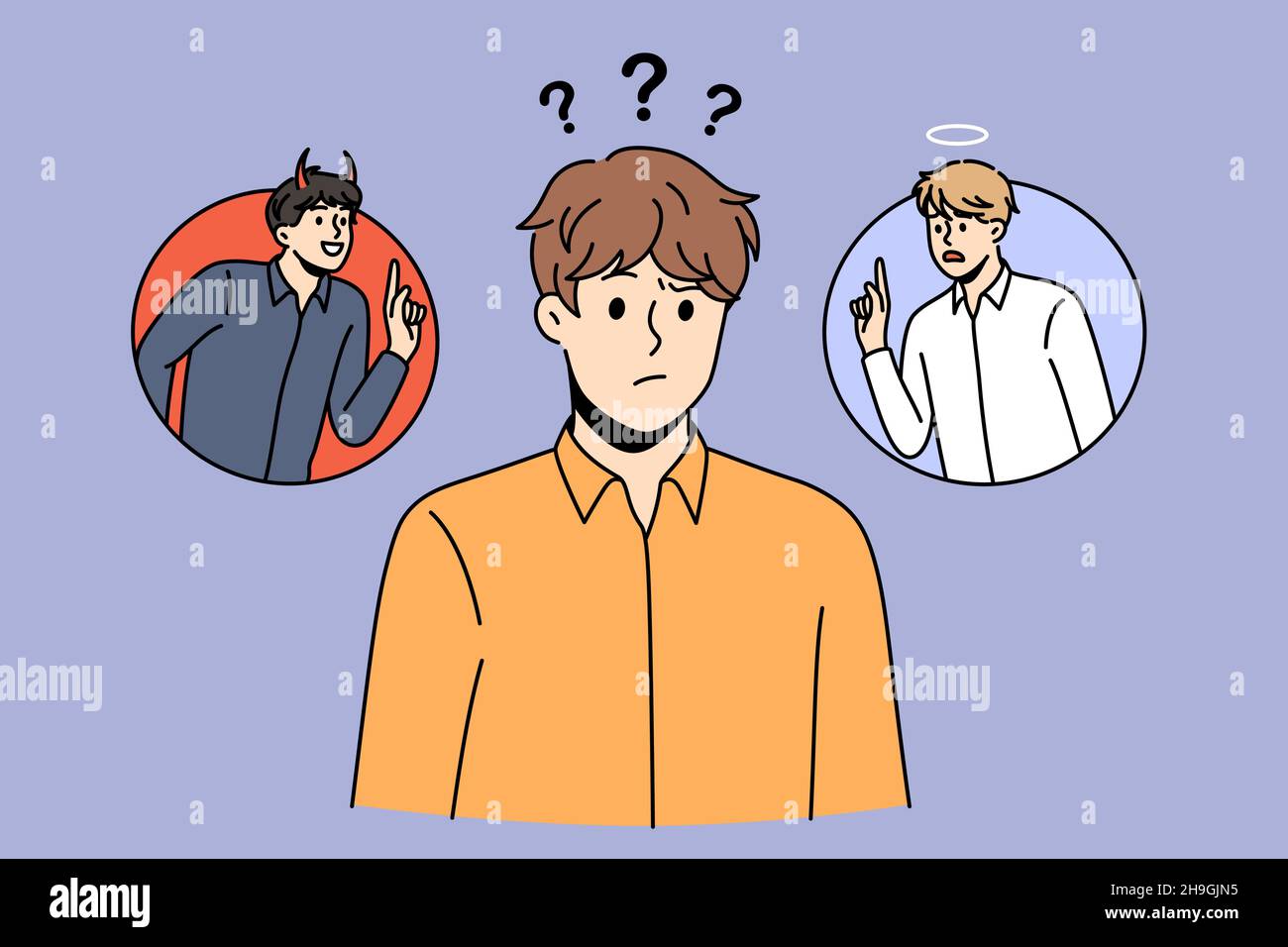 Choosing between evil and kindness concept. Frustrated boy standing ...