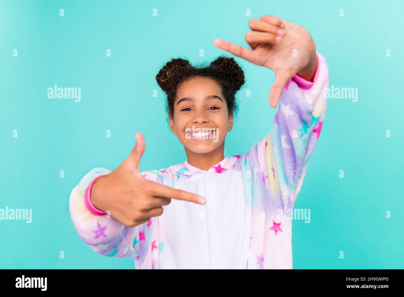 Photo of young pretty black girl show finger border symbol snapshot ...