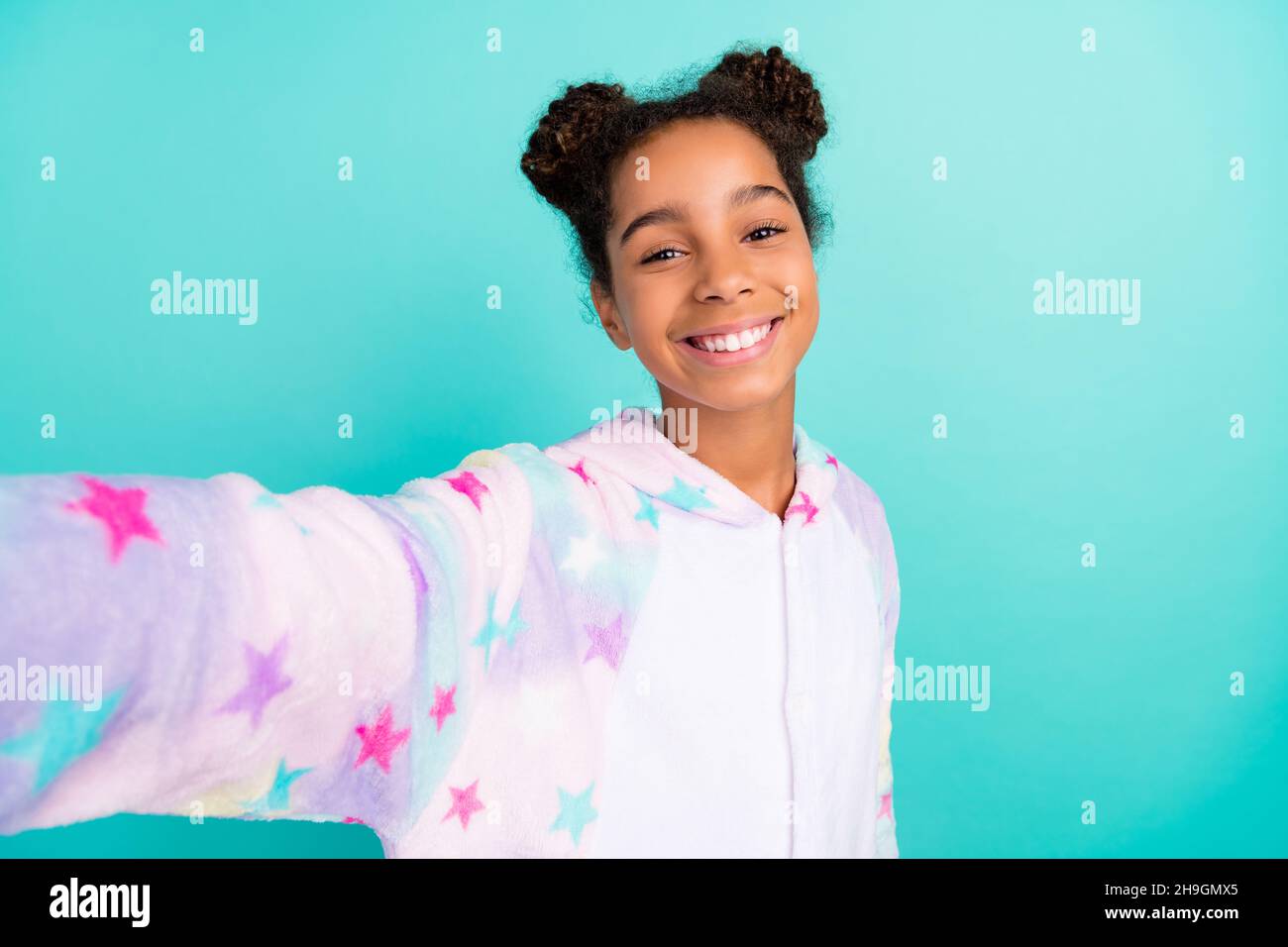 Photo of young attractive african lady good mood shoot selfie blogger ...