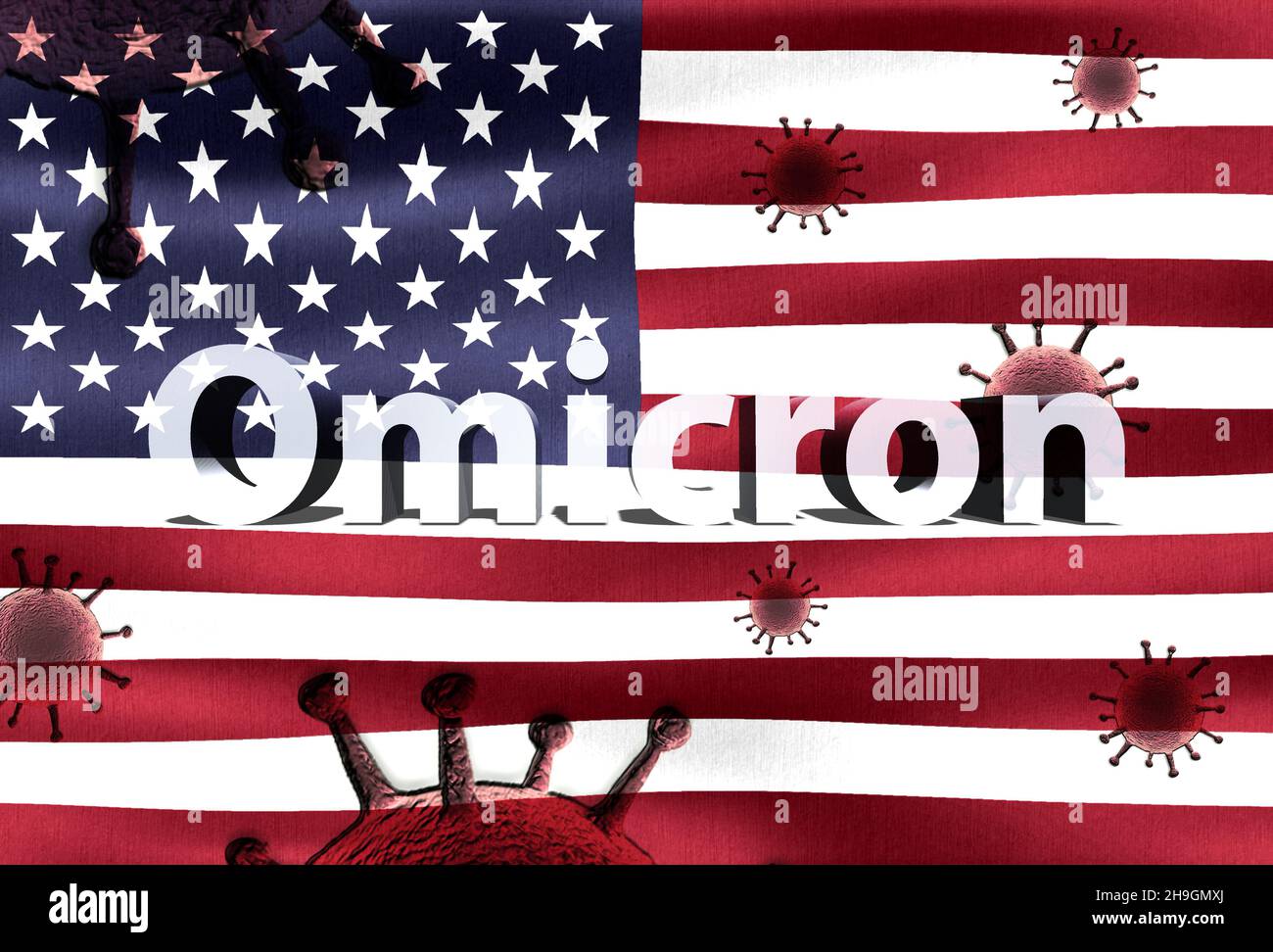 3D-Illustration of the corona variant Omicron on a USA flag Stock Photo ...