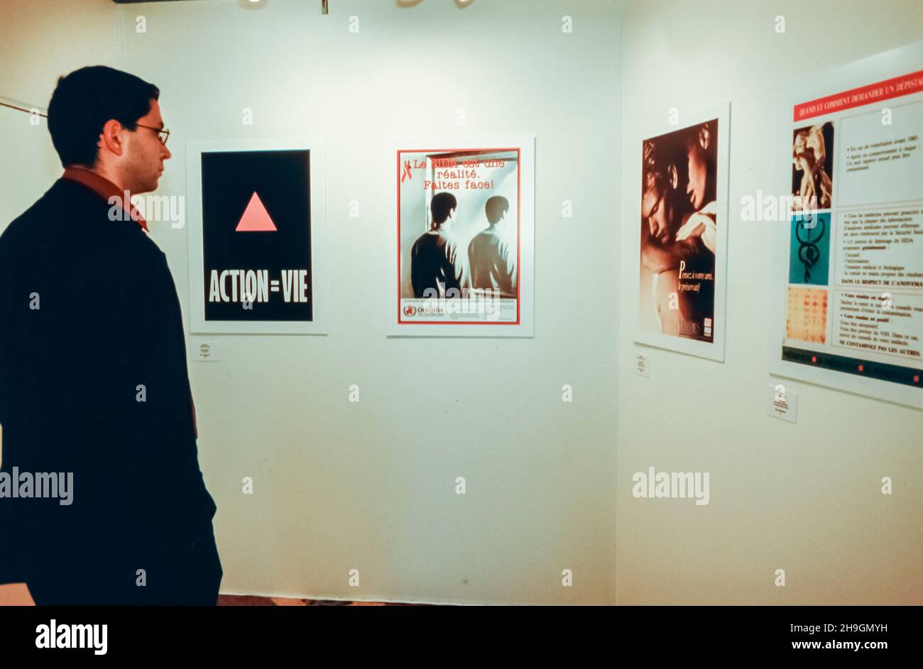 Paris, France, Man Looking at Collection AIDS Prevention Posters on ...