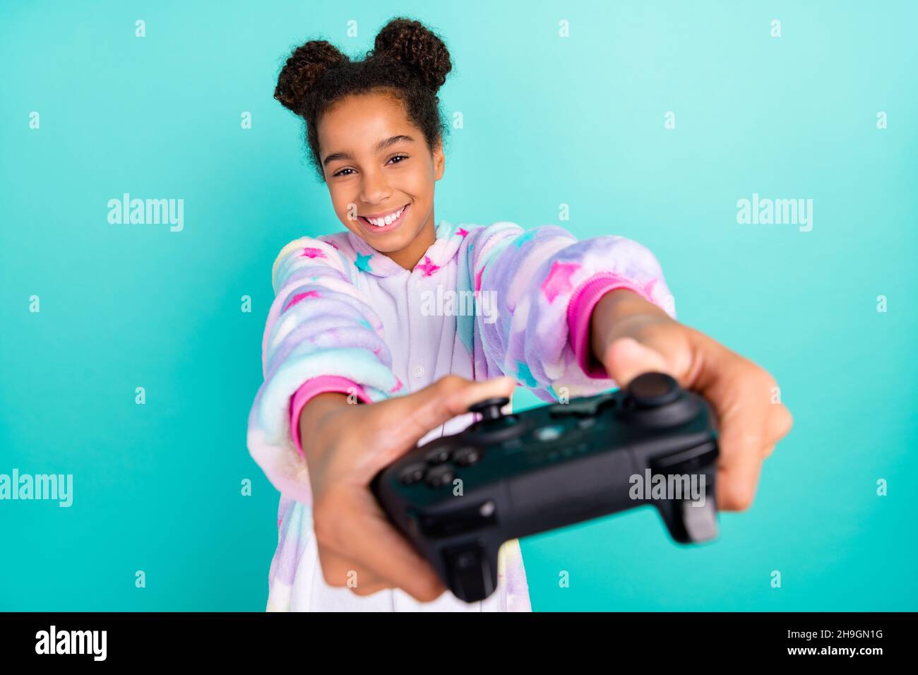 Photo of young excited afro entertainment weekend play video game ...