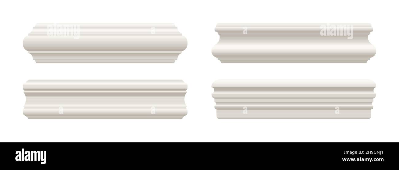 Set of white skirting cornice moulding or baseboard. Ceiling crown on ...