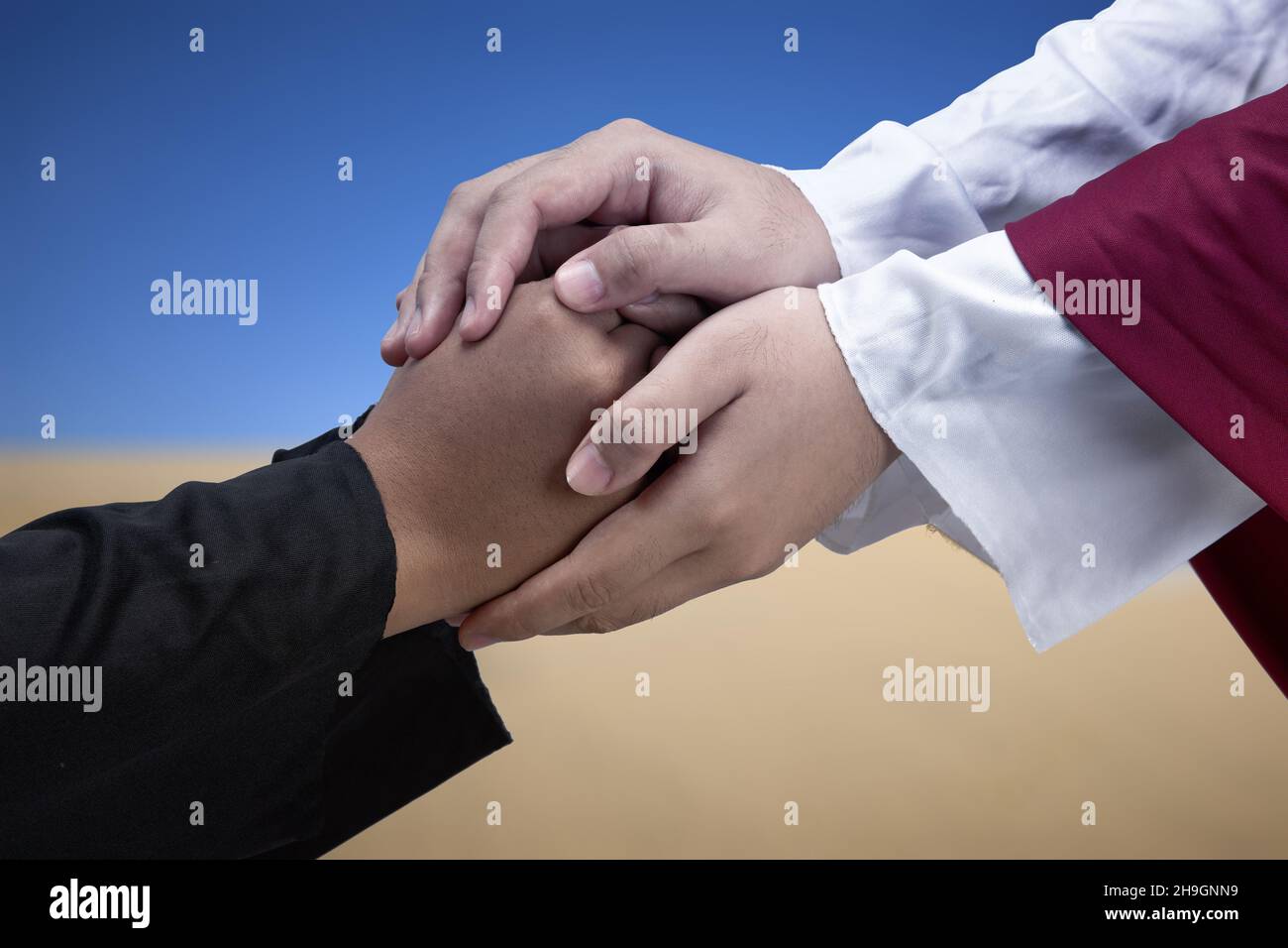 Jesus Christ gave his help to his follower with sky background Stock ...