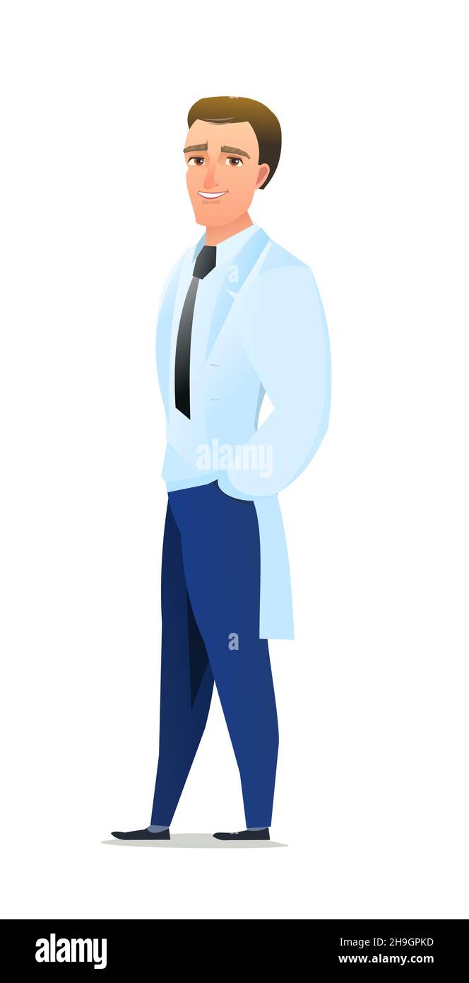 Optimistic doctor in dressing gown. Cheerful persons in standing pose ...