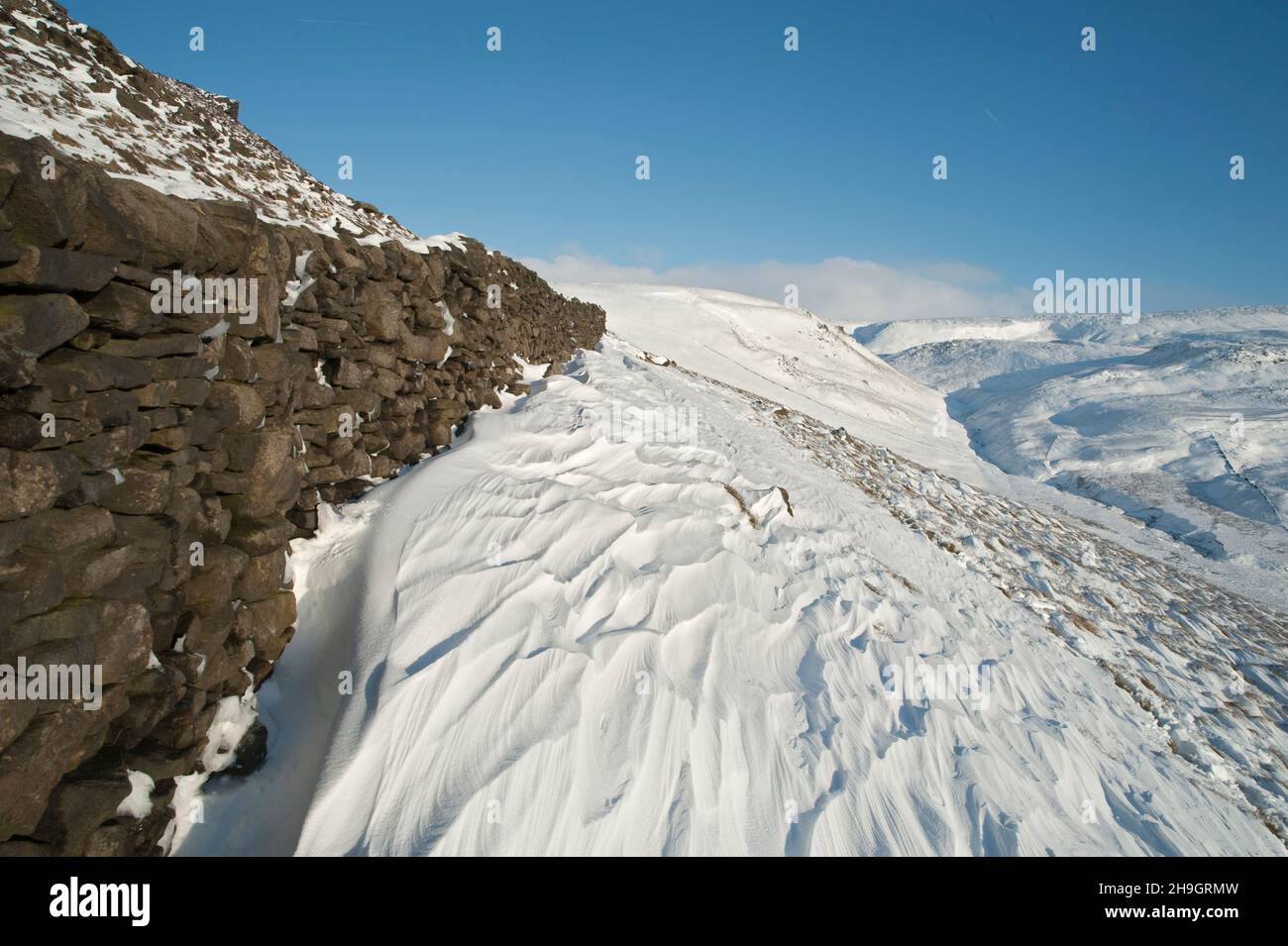 Snow patterns formed by wind blown snow beside a drystone wall, Peak ...