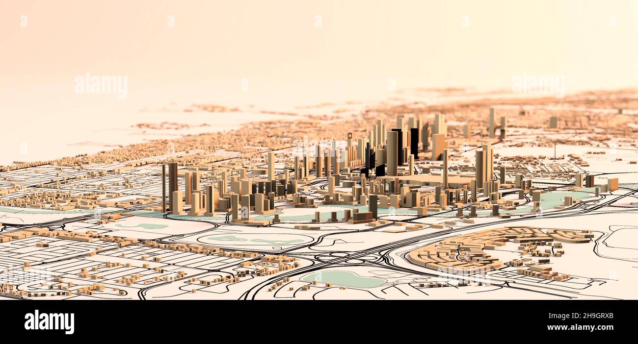 Satellite map of Dubai, United Arab Emirates, city streets. Palaces ...