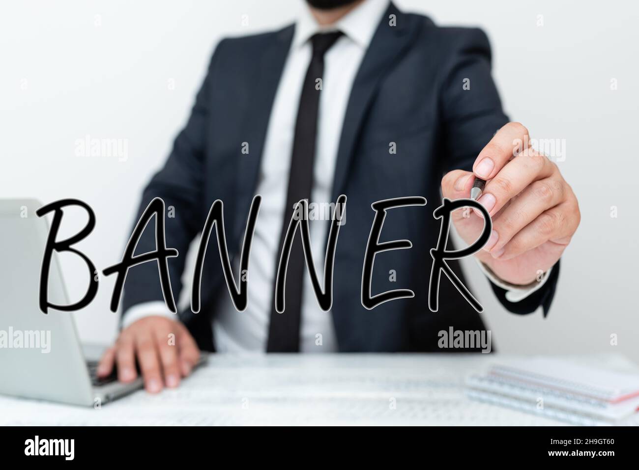 Hand writing sign Banner. Business concept long strip cloth bearing ...