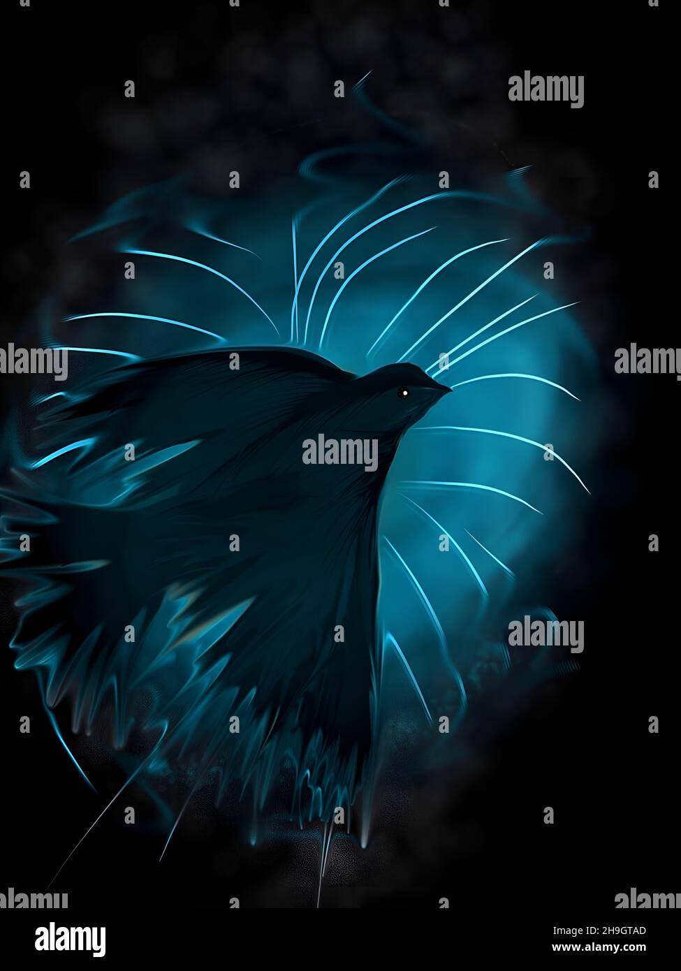 Vertical illustration of a black bird on the glowing blue background ...