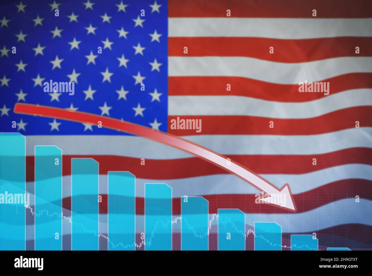 Chart of decline against the background of the US flag. The concept of ...
