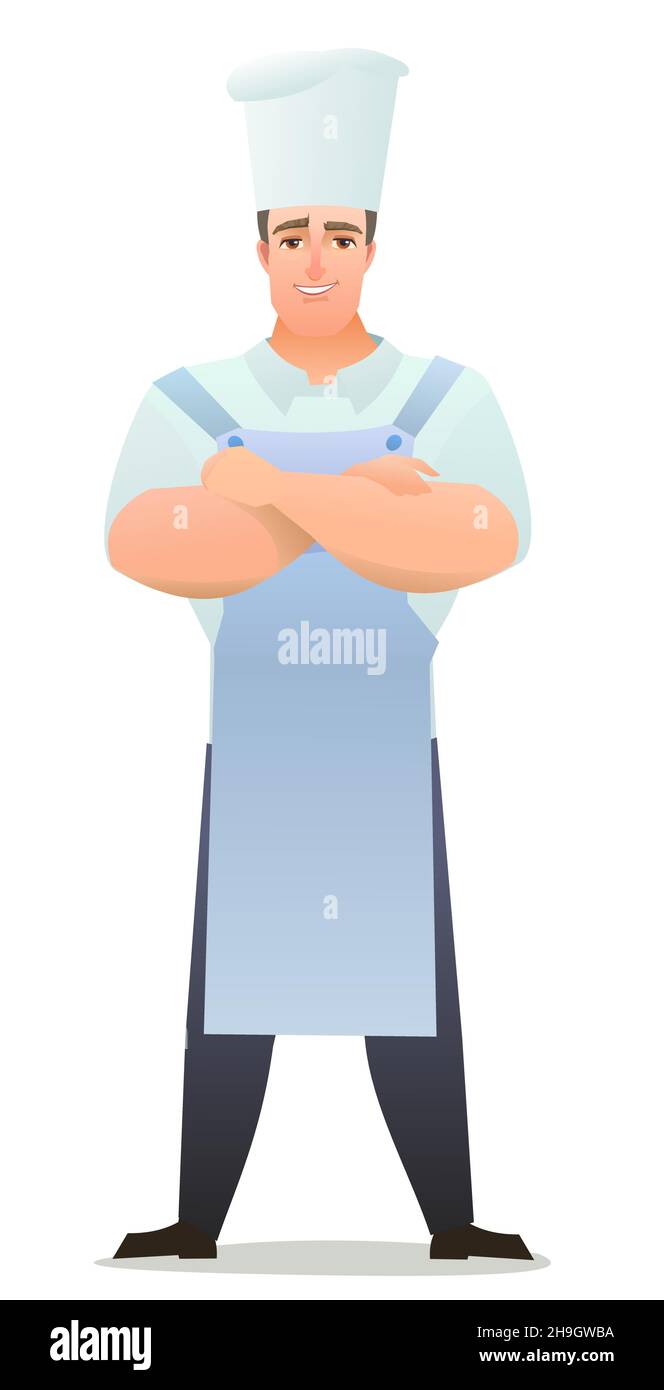 Male cook in overalls. Guy from kitchen in an apron. Cheerful person ...