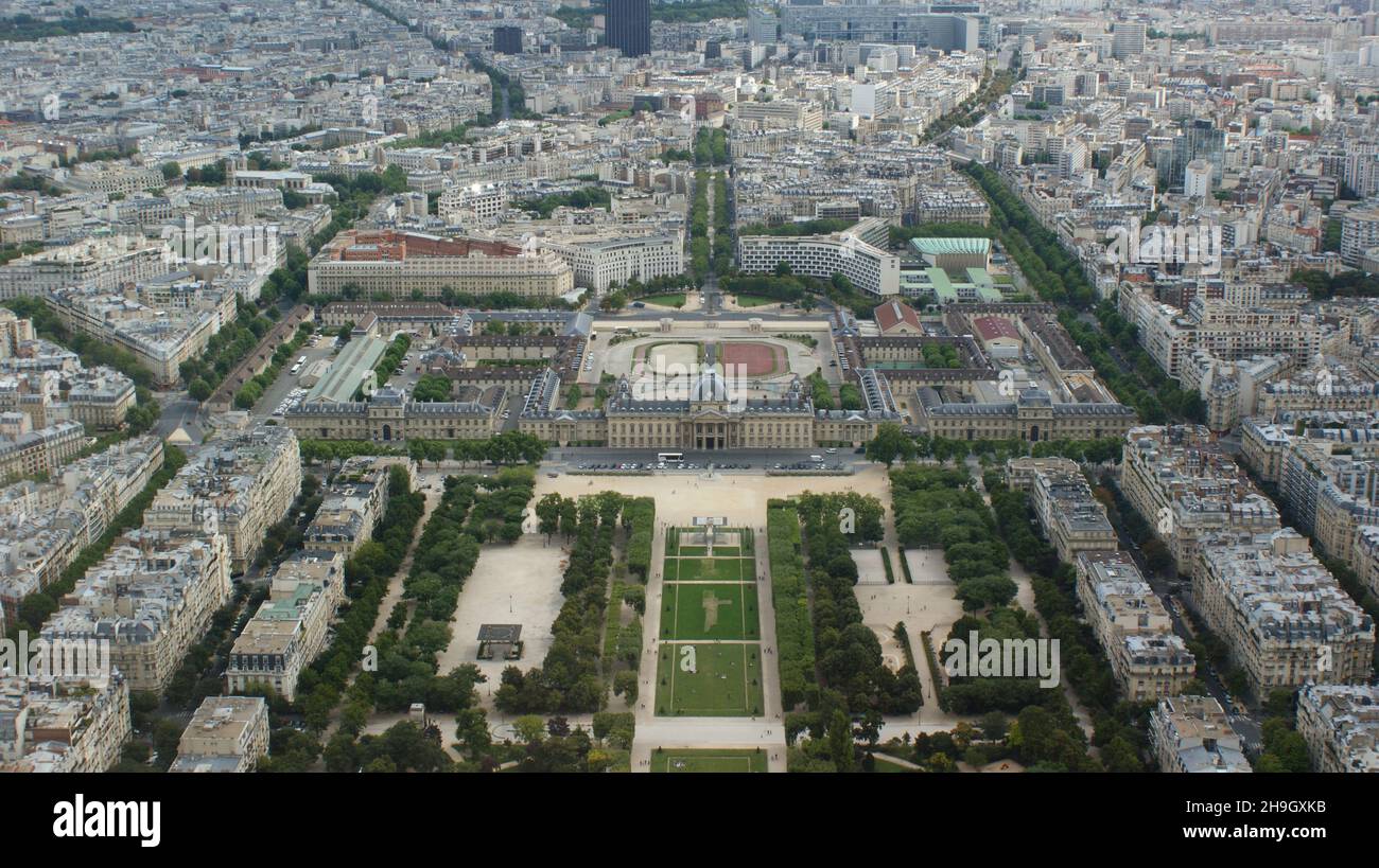 Bird's eye view of Champ de Mars from Top of the Eiffel tower looking ...