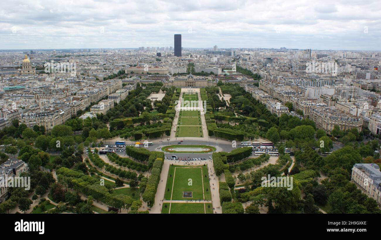 Bird's eye view of Champ de Mars from Top of the Eiffel tower looking ...