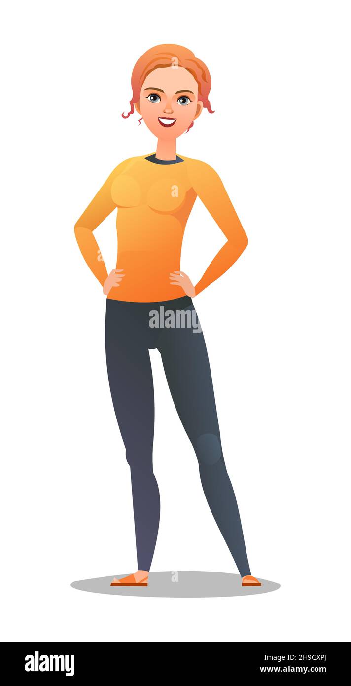 Handsome woman in pants and sweater. Cheerful middle aged girl ...