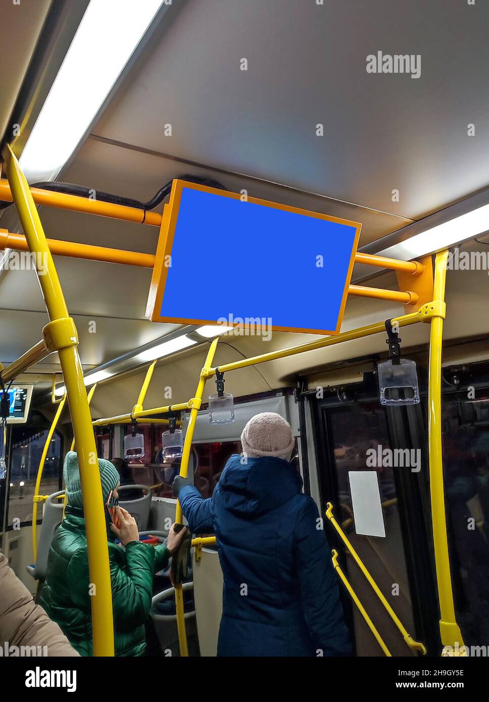 information board in the bus cabin. advertising in public transport ...