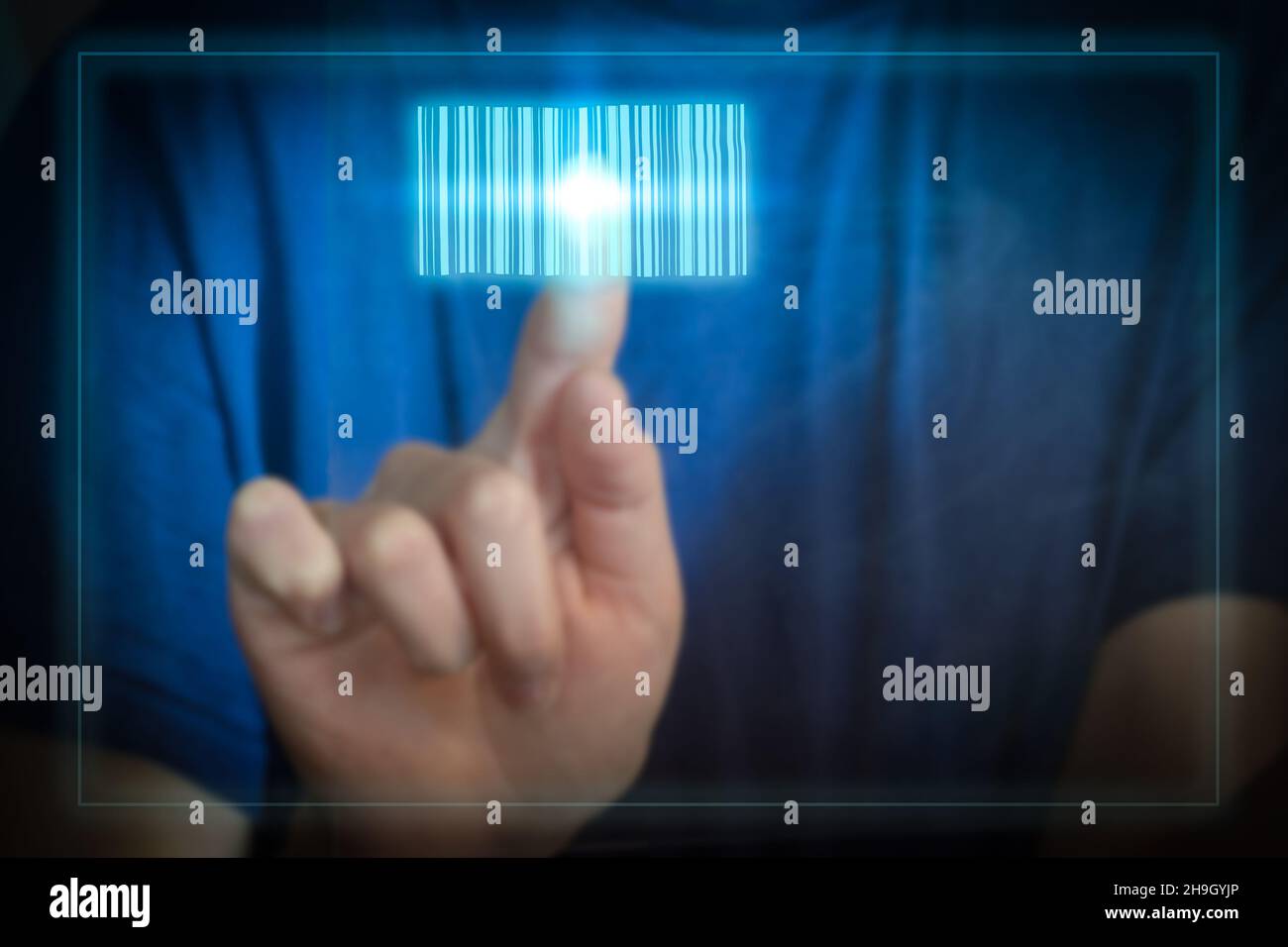 The businesswoman touches the barcode on the virtual tap. Scanning a ...