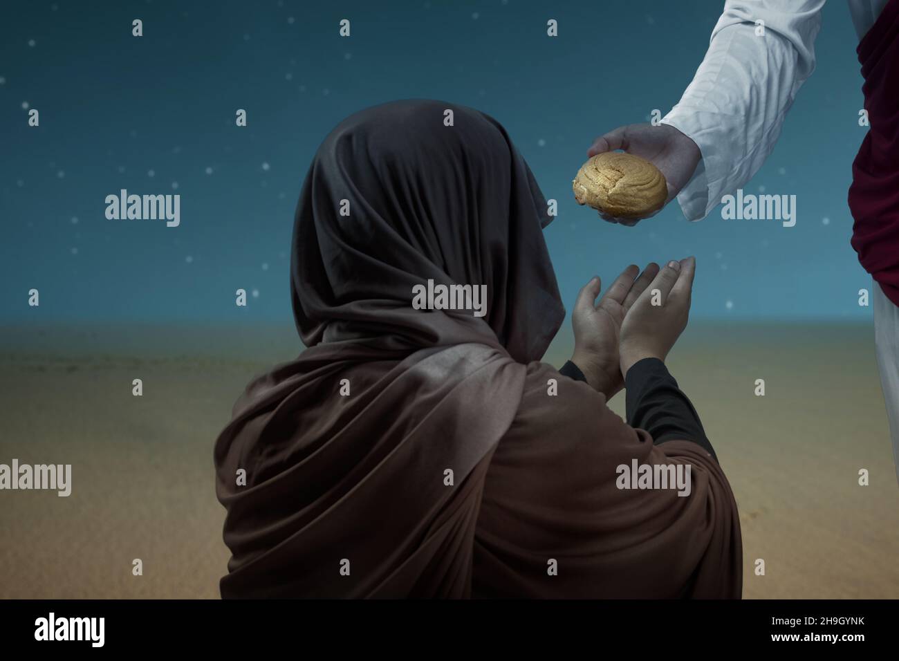 Jesus Christ with open palm giving food to others with the night scene ...