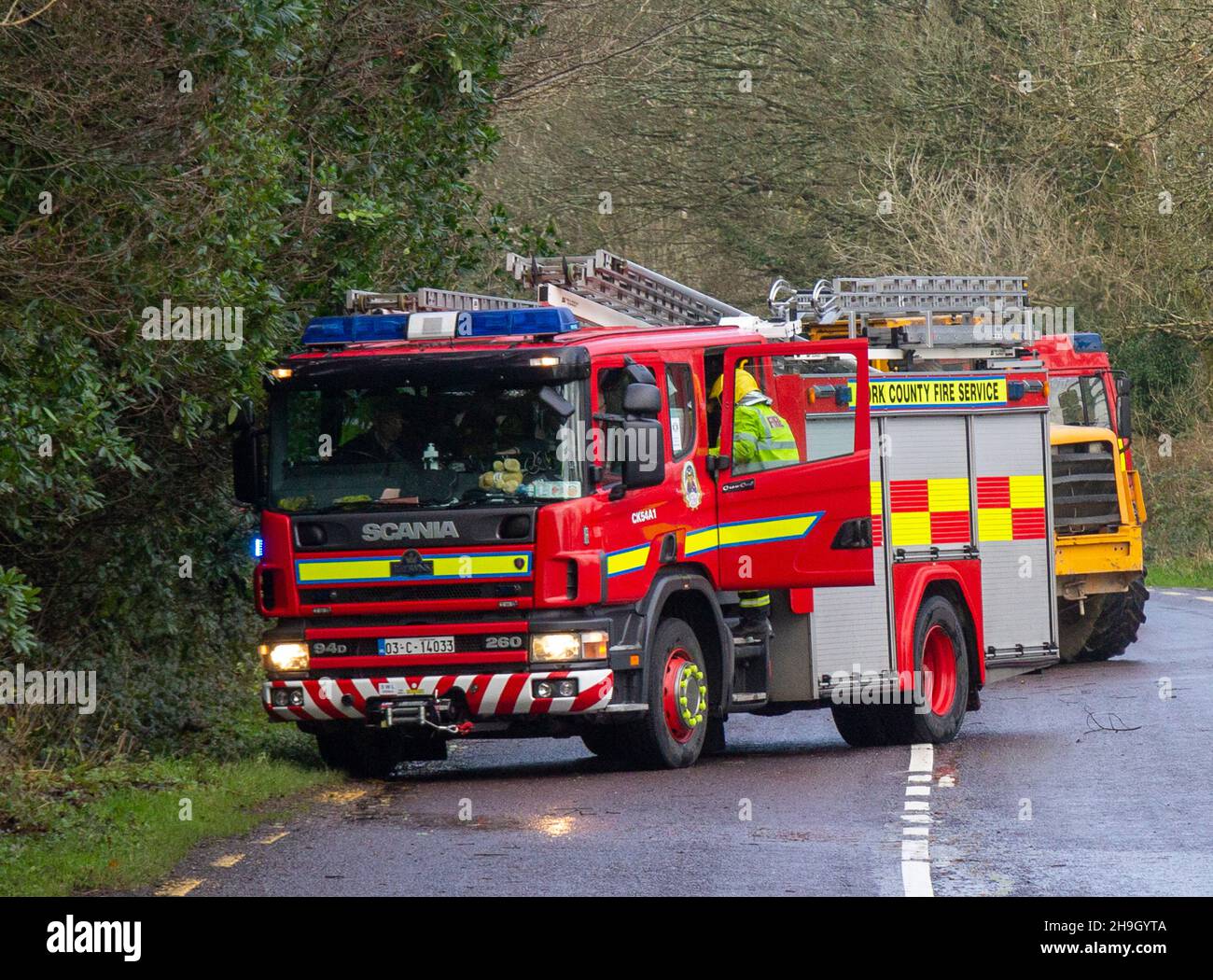 Irish Fire Brigade clearing blocked road after Storm Barra Stock Photo ...