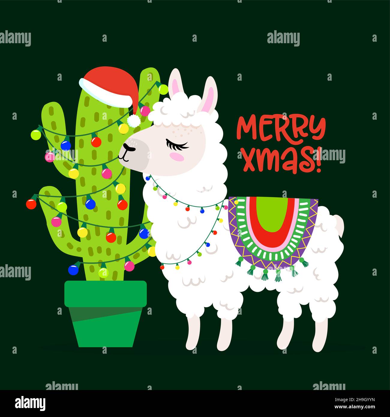 Merry Christmas - funny Llama with Cactus in Santa hat. Llama doodle ...