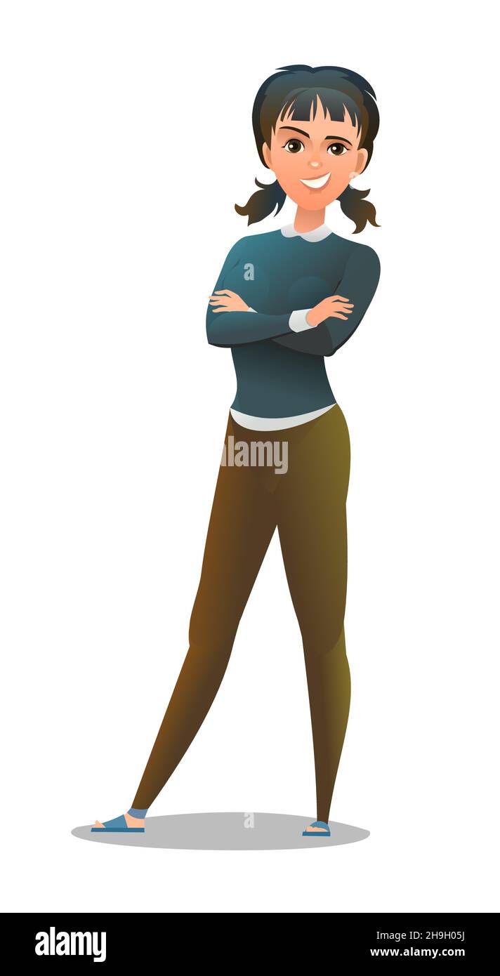 Handsome woman in pants and sweater. Cheerful middle aged girl ...