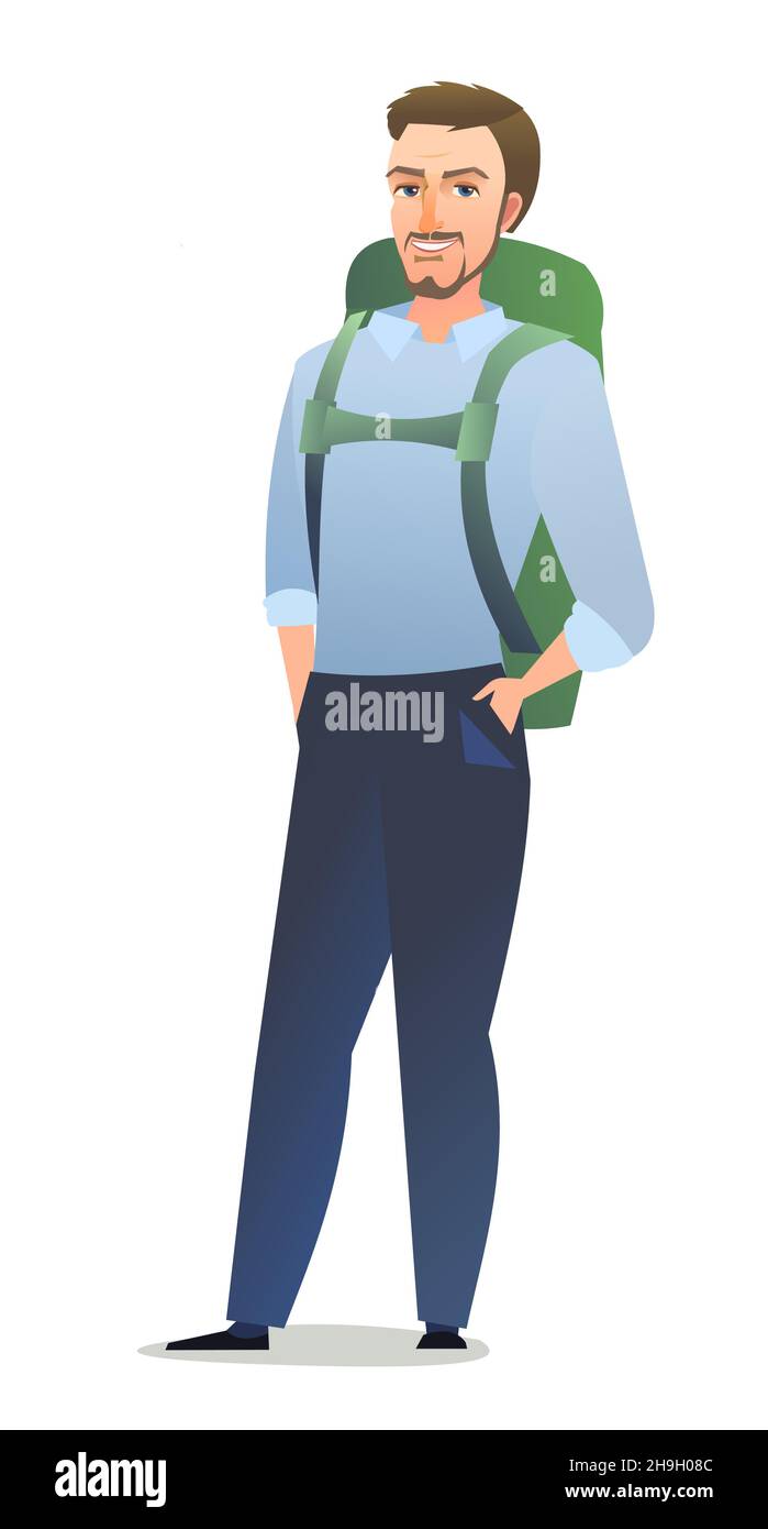 Man tourist backpacker. Guy with backpack on his back. Cheerful person ...