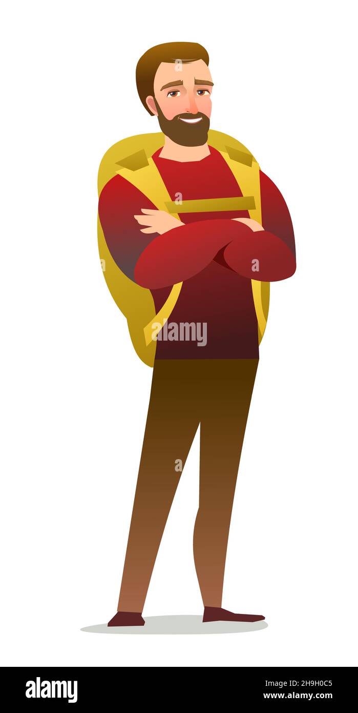 Man tourist backpacker. Guy with backpack on his back. Cheerful person ...