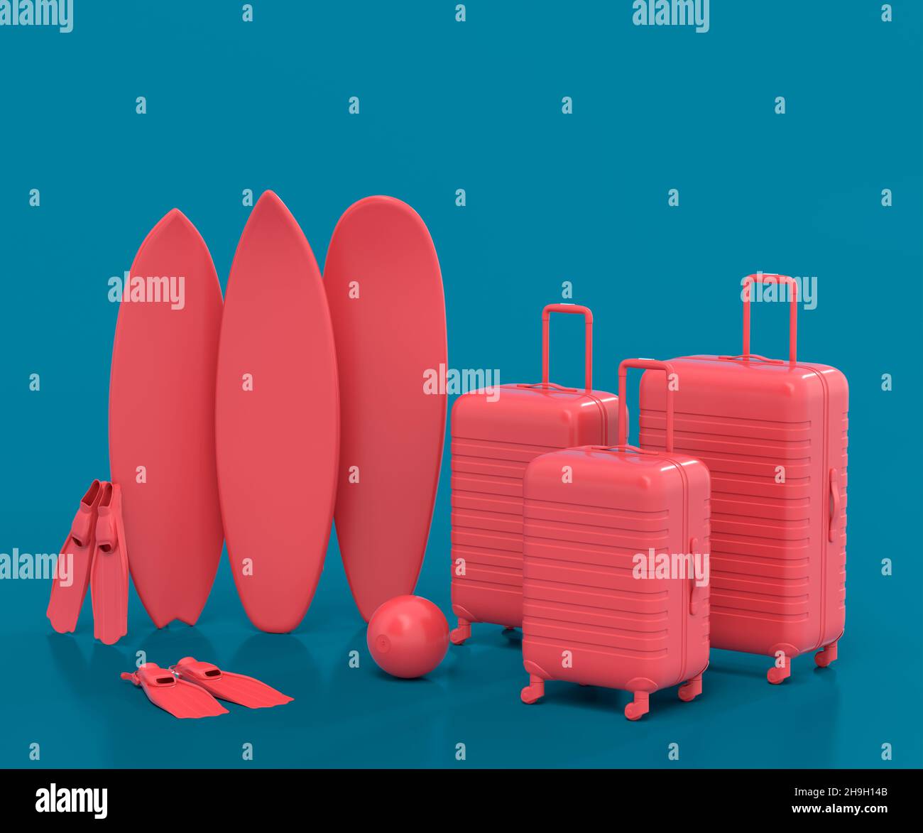 Suitcase with beach ball and surf board on blue background. 3D render ...