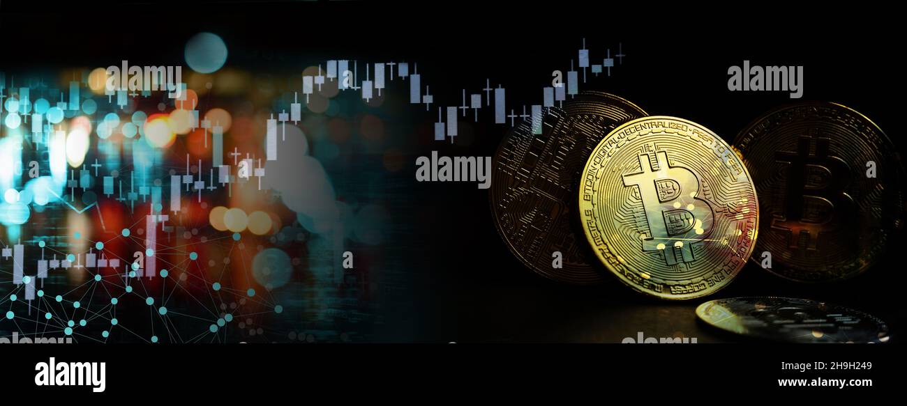 metal golden bit coin model and stock market graph for crypto currency ...